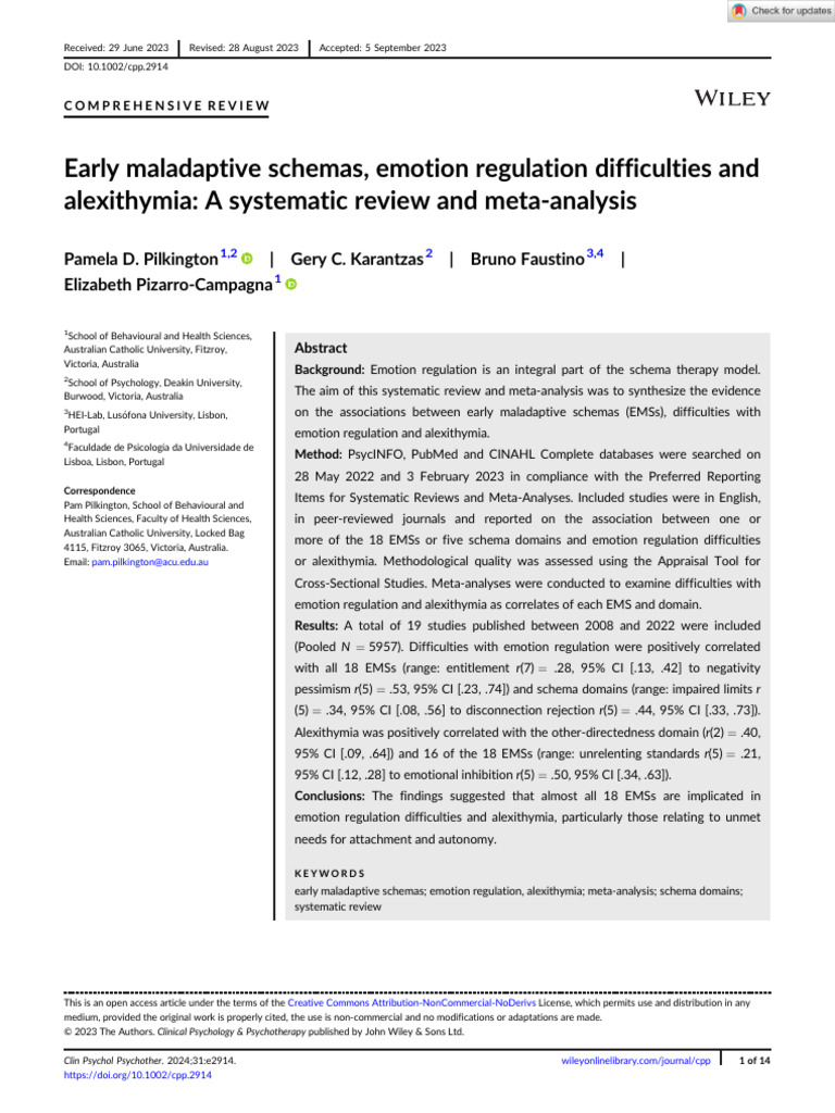 Early Maladaptive Schemas, Emotion Regulation | PDF | Meta Analysis ...