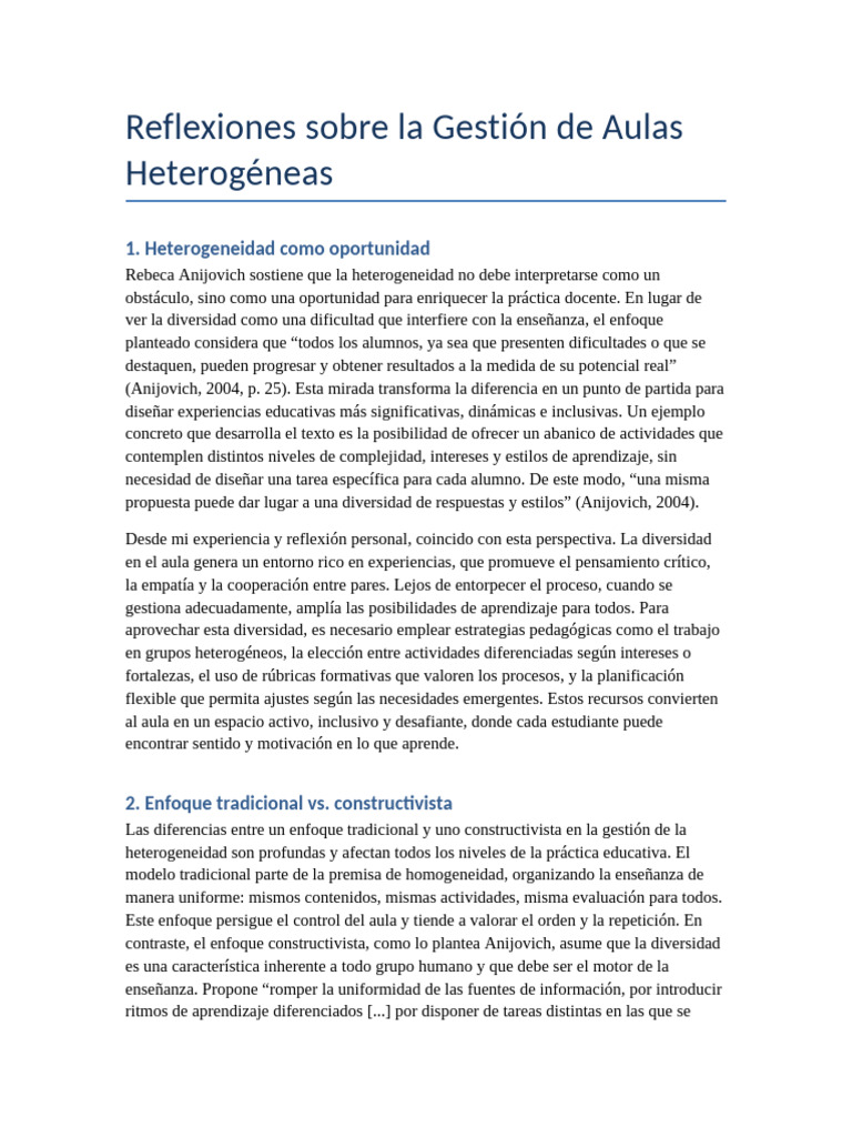 Aulas Heterogeneas Reflexiones Anijovich | PDF | Enseñando | Aprendizaje