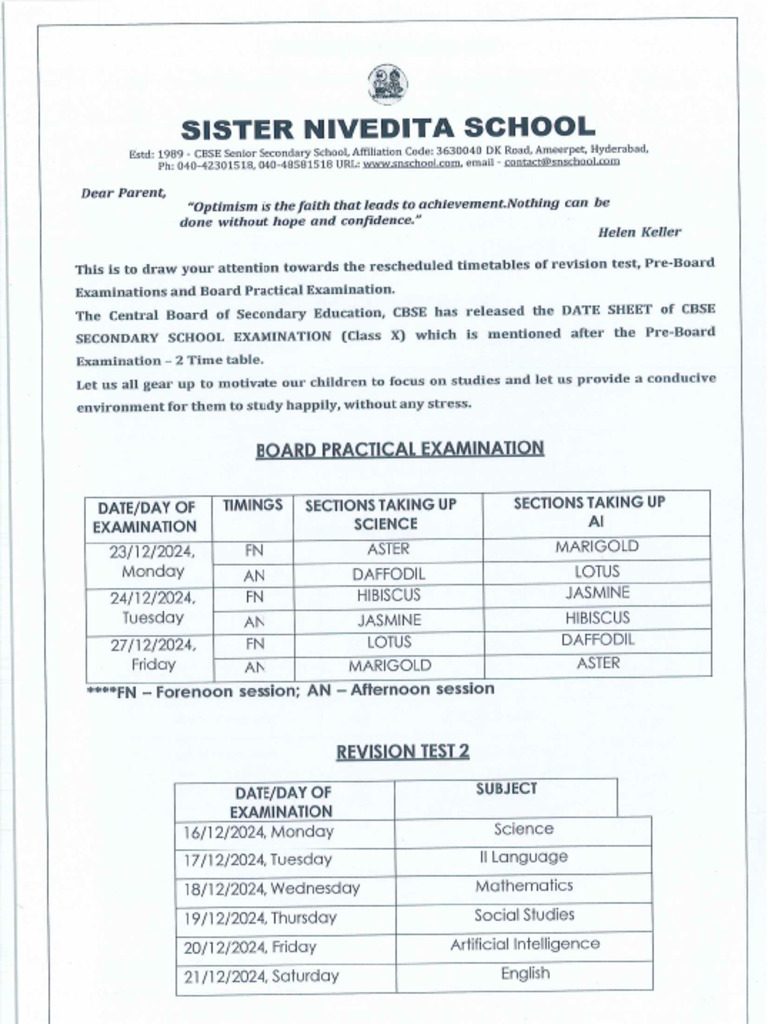 Class X Time Table | PDF