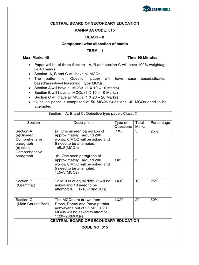 CBSE Class 10 Kannada Sample Question Paper 2021-22 | PDF