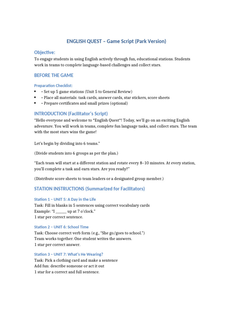 English Quest Game Script | PDF