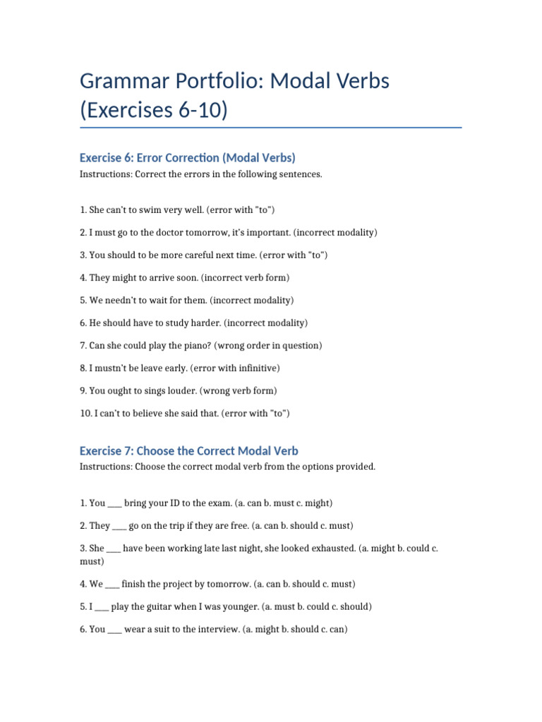 Modal Verbs Grammar Portfolio Exercises 6-10 | PDF | Morphology | Grammar