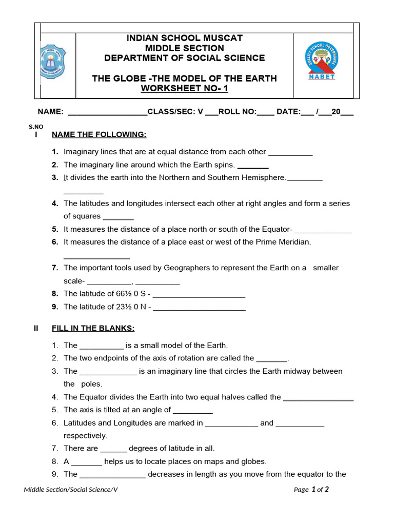 Globe Model Worksheet for Class 5 | PDF | Latitude | Equator