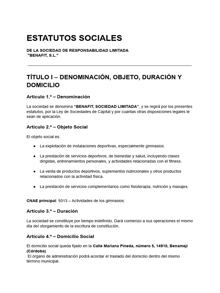 Estatutos de BENAFIT, S.L. | PDF
