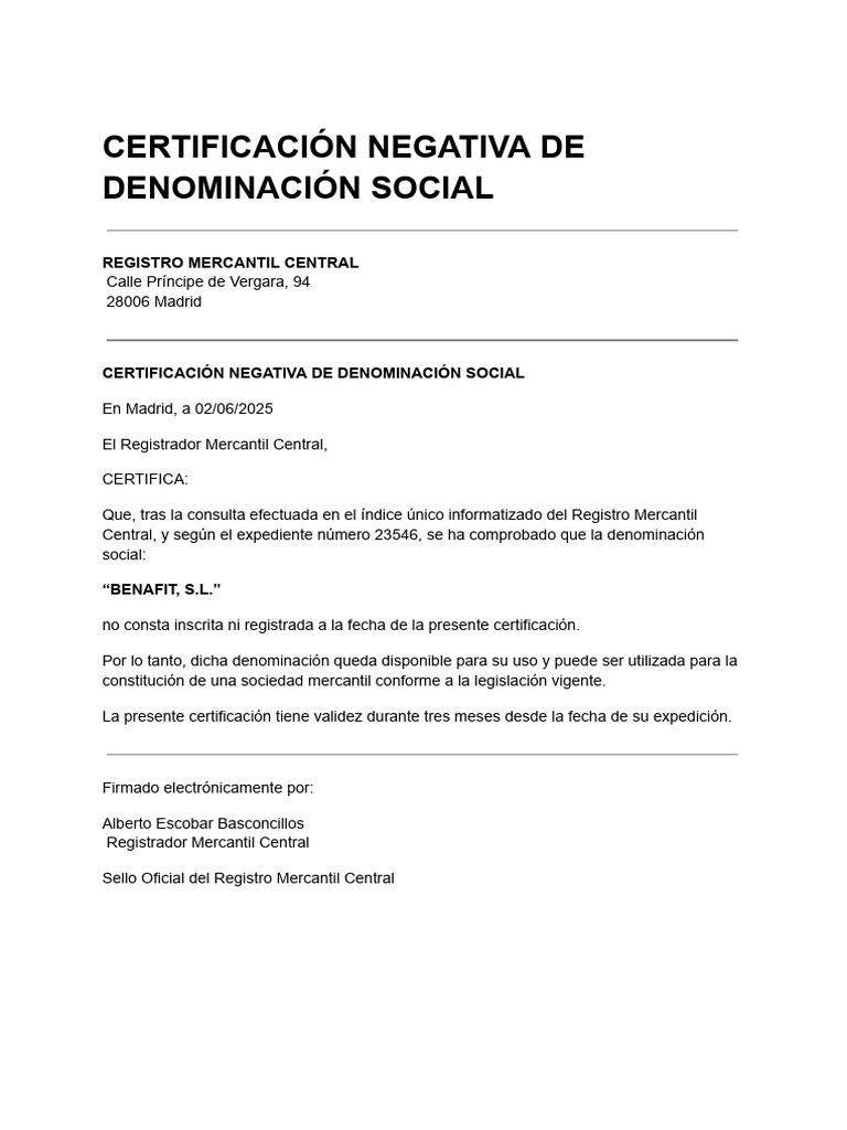 Certificación Negativa de Denominación Social | PDF