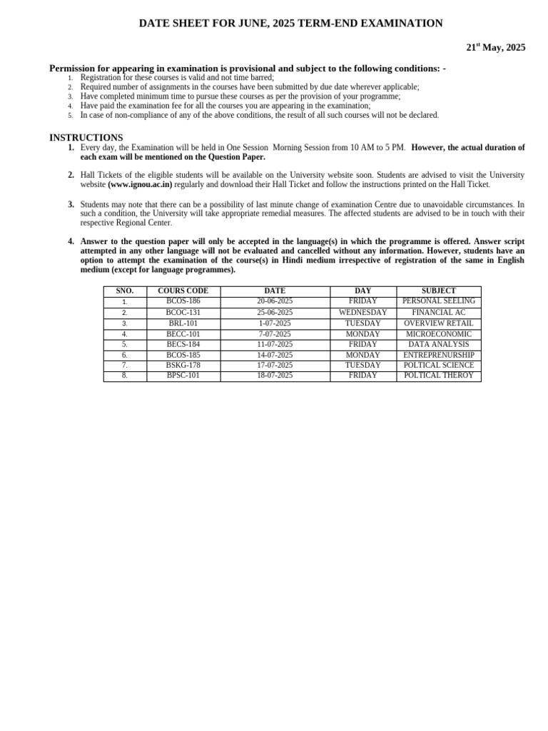 Revised Final Date Sheet-June 2025 TEE | PDF