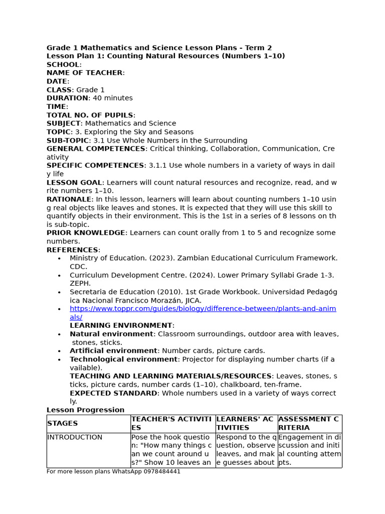 Grade 1 Mathematics & Science Term 2 Plans | PDF | Lesson Plan | Learning