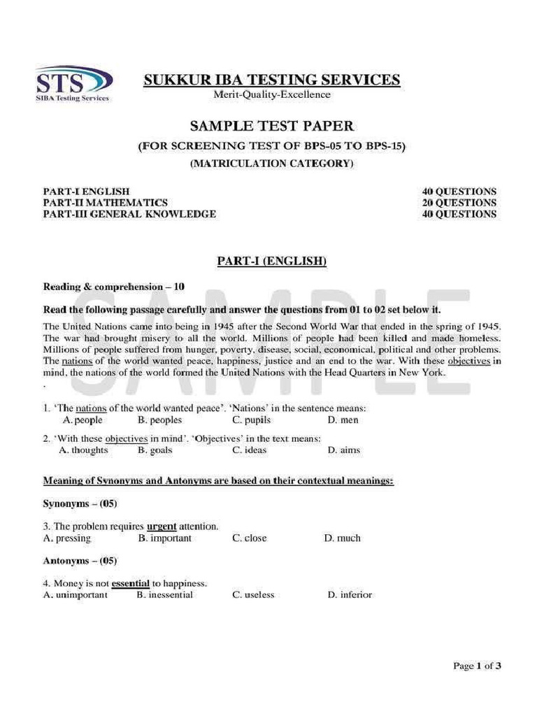 IBA Matriculation Category Sample Paper | PDF