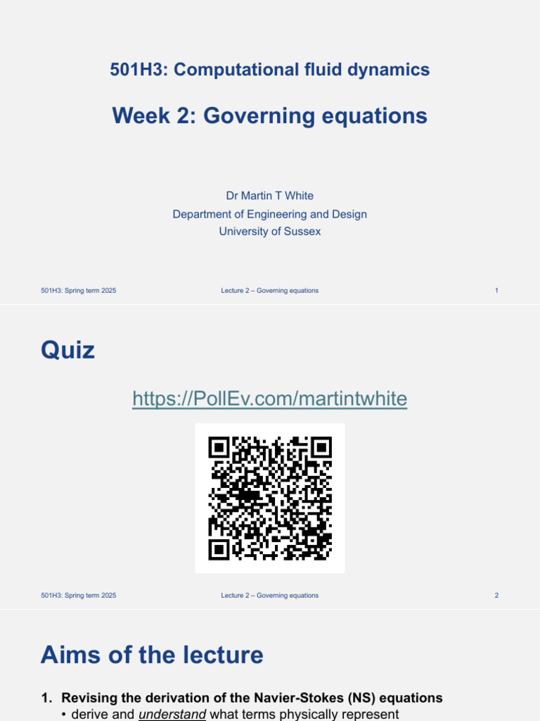 501H3 - Lecture 2 - Governing Equations | PDF | Fluid Dynamics | Navier–Stokes Equations