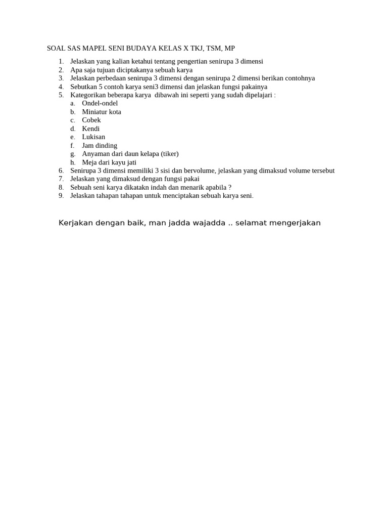 Soal Sat Seni Budaya X TKJ, TSM, MP | PDF
