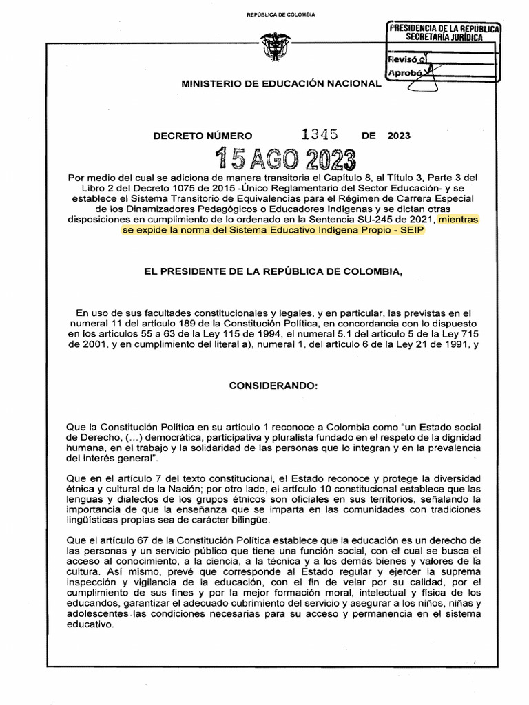DECRETO 1345 DEL 15 DE AGOSTO DE 2023 Subrayado | PDF | Constitución ...