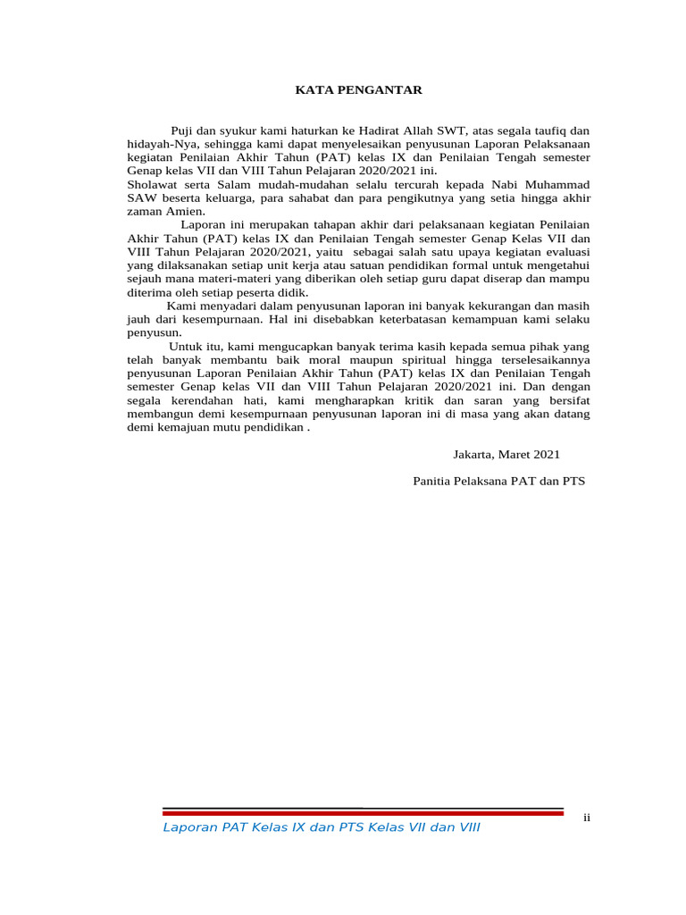 Laporan PAT dan PTS 2020/2021 Kelas IX-VIII | PDF