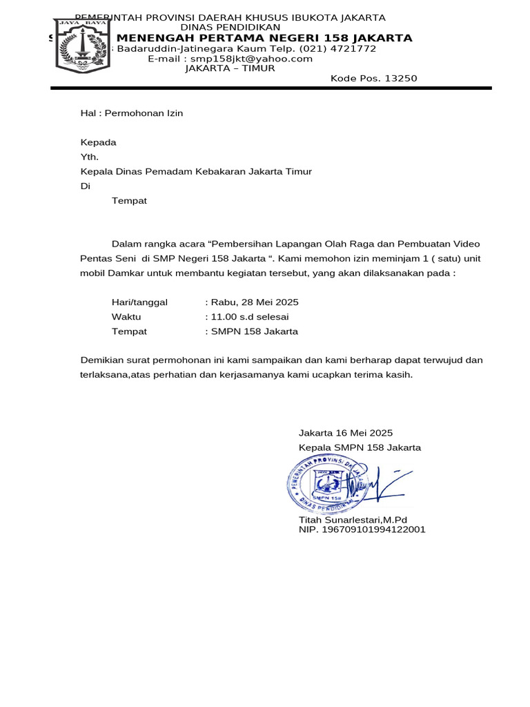 Permohonan Izin Mobil Damkar SMPN 158 | PDF