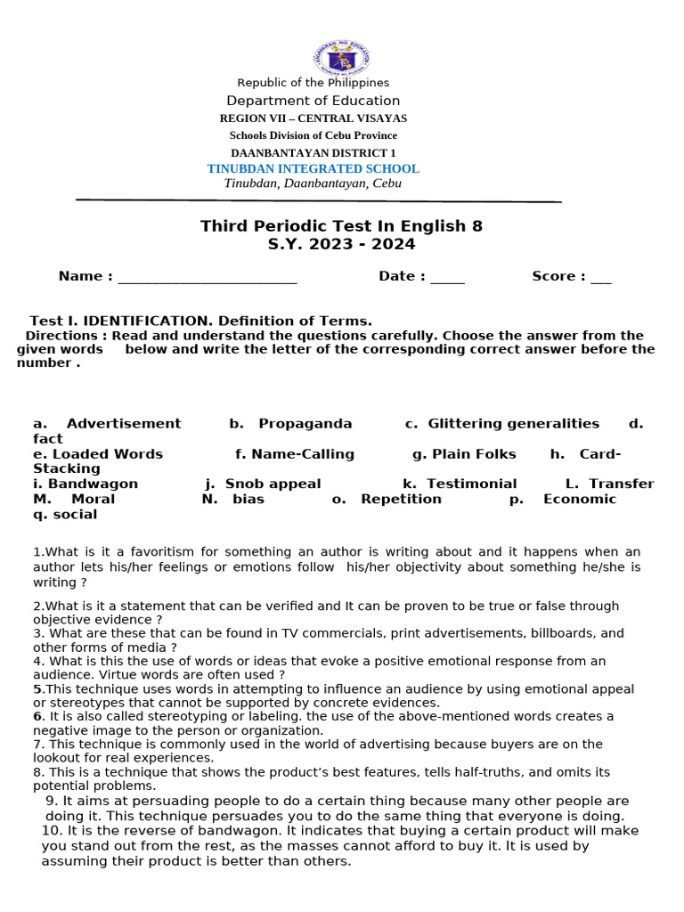 ENGLISH 8 Summative Test For FOURTH Quarter | PDF | Poetry