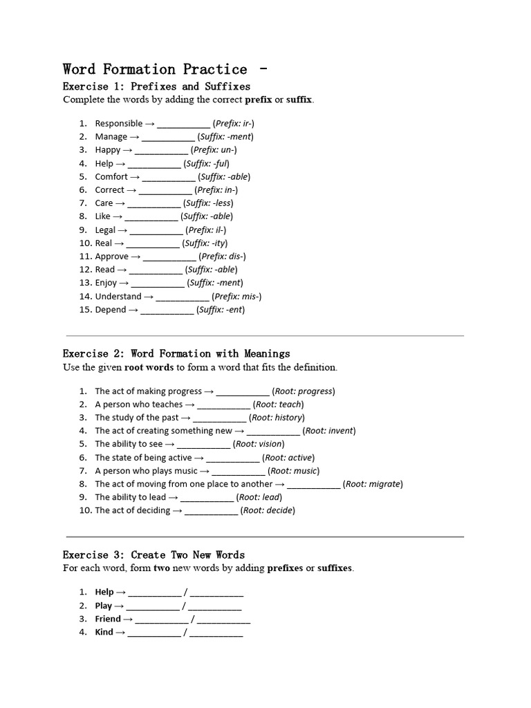 Word Formation Exercises for Vocabulary | PDF