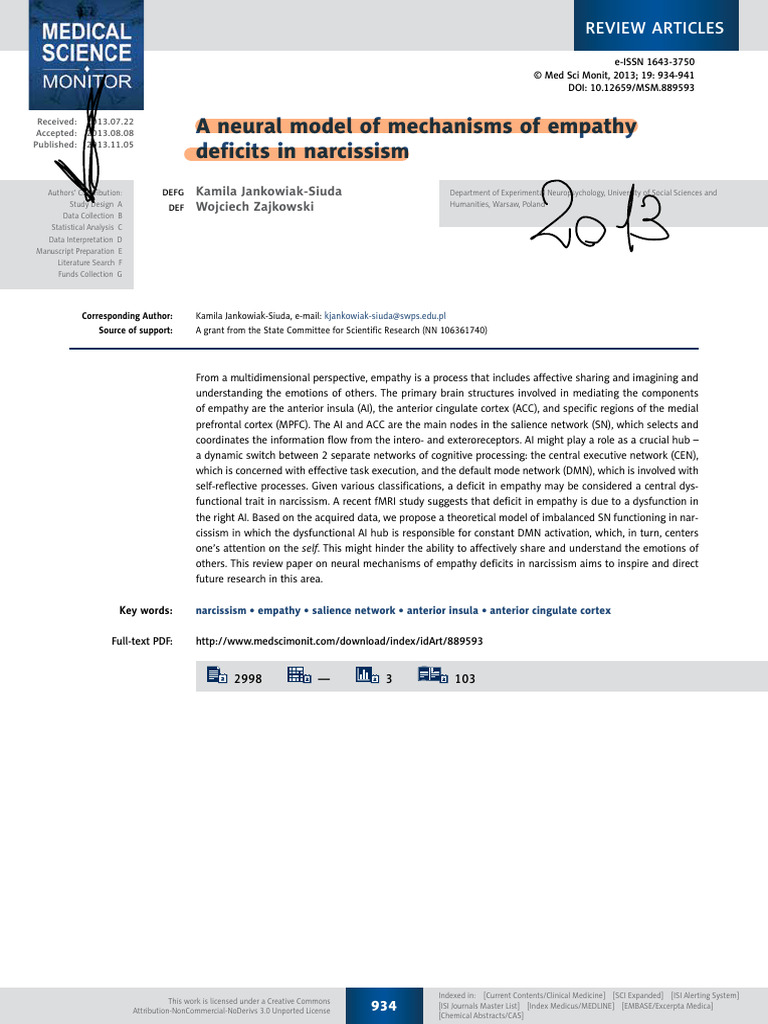 A Neural Model of Mechanisms of Empathy Deficits in Narcissism | PDF | Empathy | Dorsolateral ...