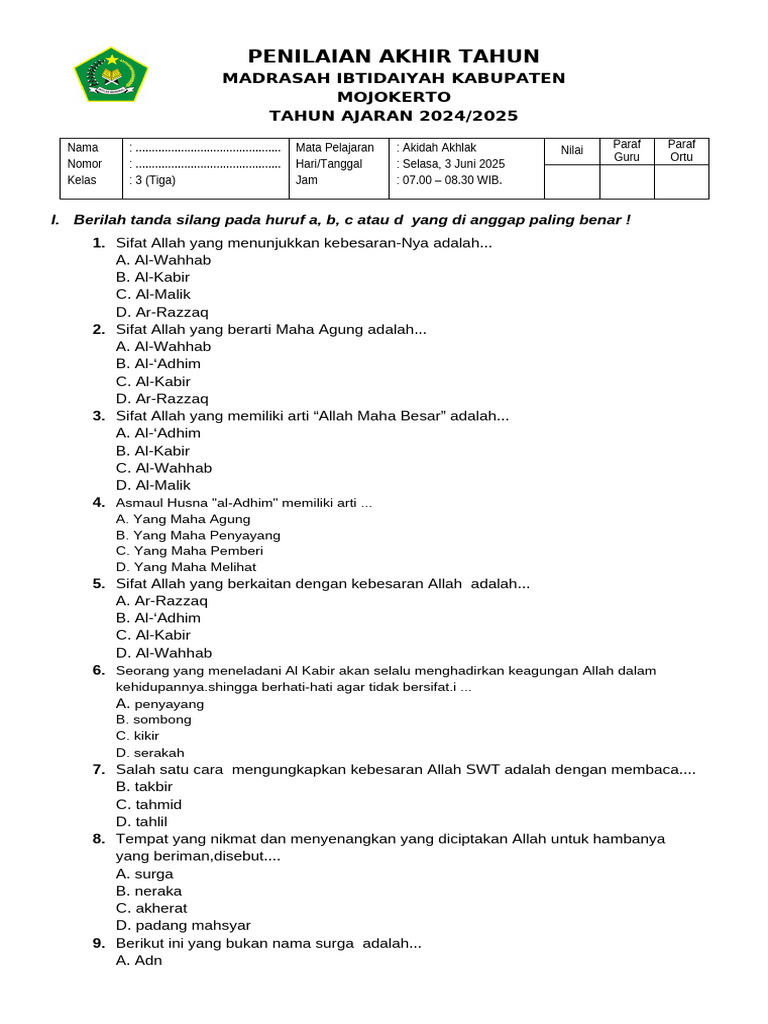 Soal Sat Akidah Kls 3 | PDF