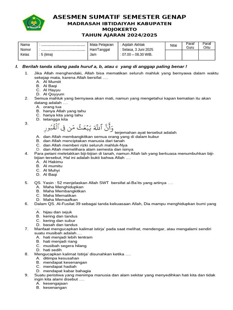 Soal Sat Akidah Kls 5 | PDF