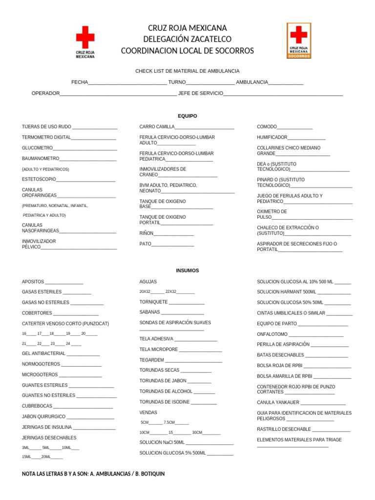 Check List Material Ambulancia Cruz Roja | PDF