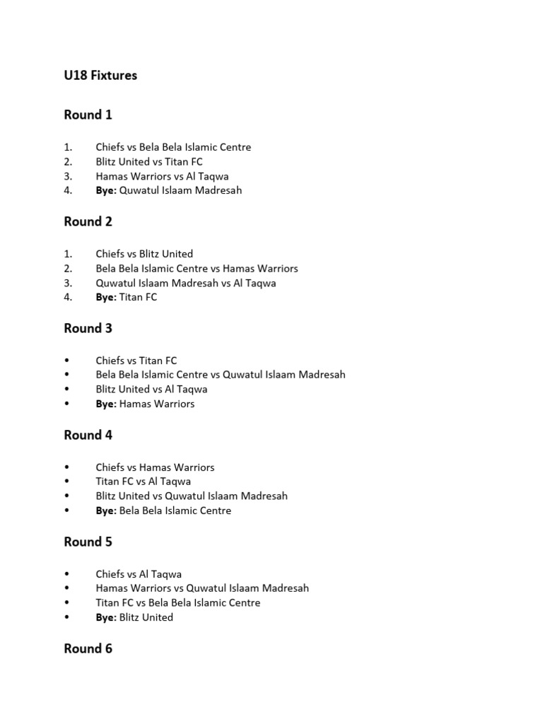 Deen Team U18 Fixtures | PDF