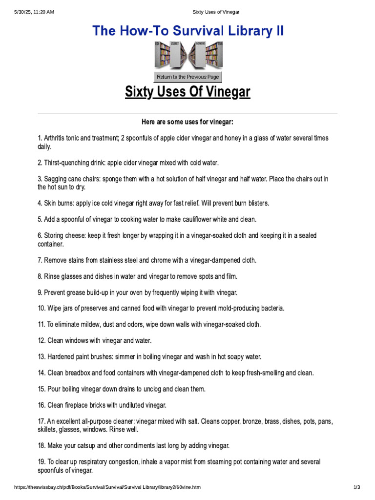 Sixty Uses of Vinegar | PDF | Vinegar | Cookware And Bakeware