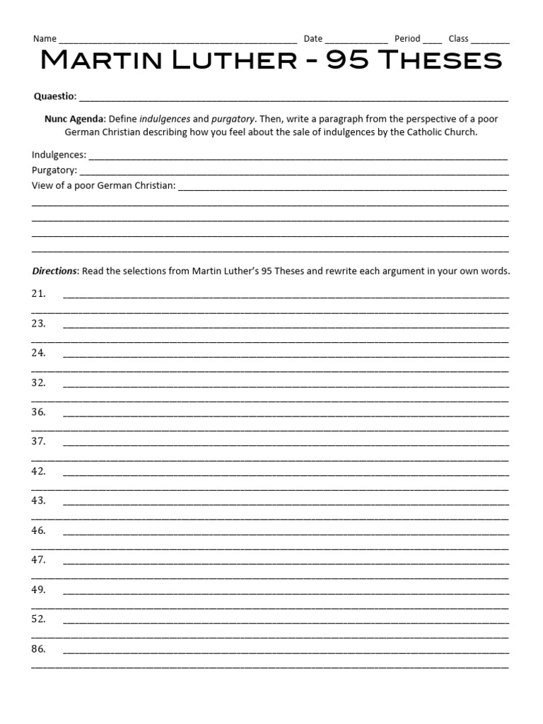 95 Theses of Martin Luther Worksheet | PDF | Martin Luther | Religious ...