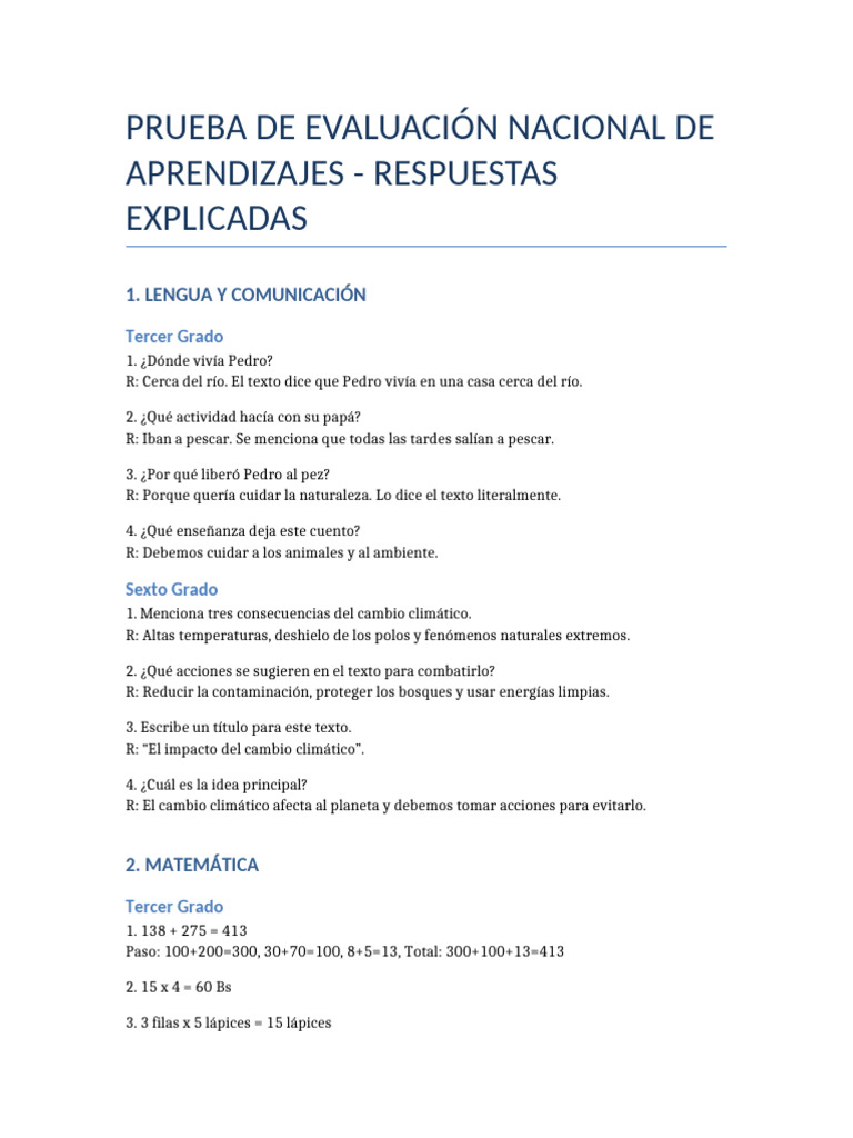 Prueba Ampliada Resuelta Evaluacion Nacional Primaria | PDF