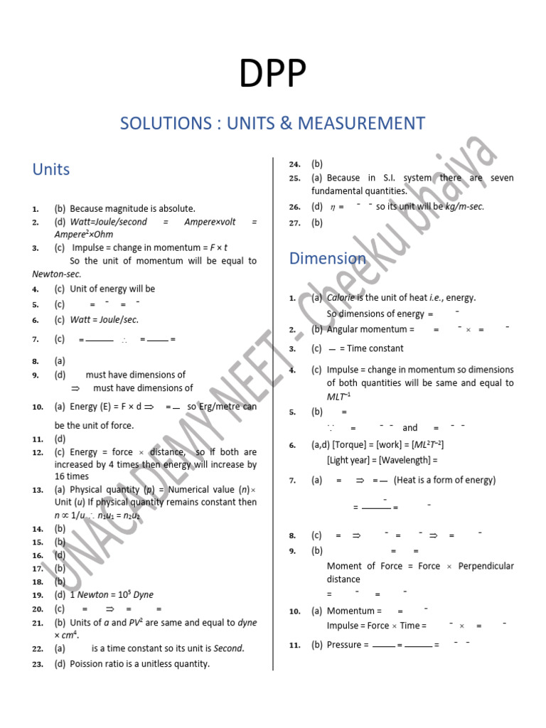 Units & Measurement DPP (Crash Course) - Solution | PDF | Force | Torque