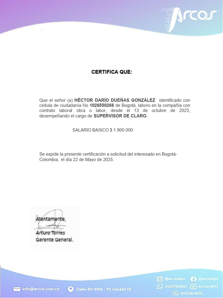 Certifi Laboral Arcos Darío | PDF