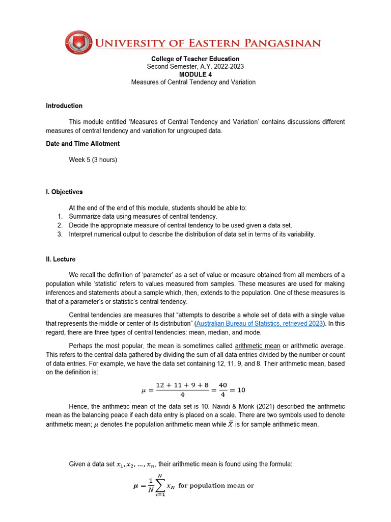 Measures of Central Tendency and Dispers | PDF | Skewness | Mean