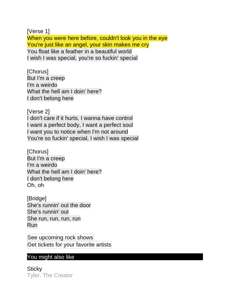 Radiohead Creep Lyrics | PDF