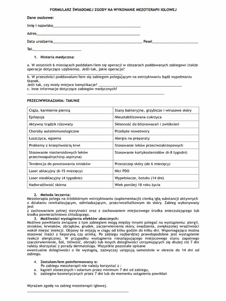 Zgoda Na Zabieg Mezoterapia Iglowa | PDF