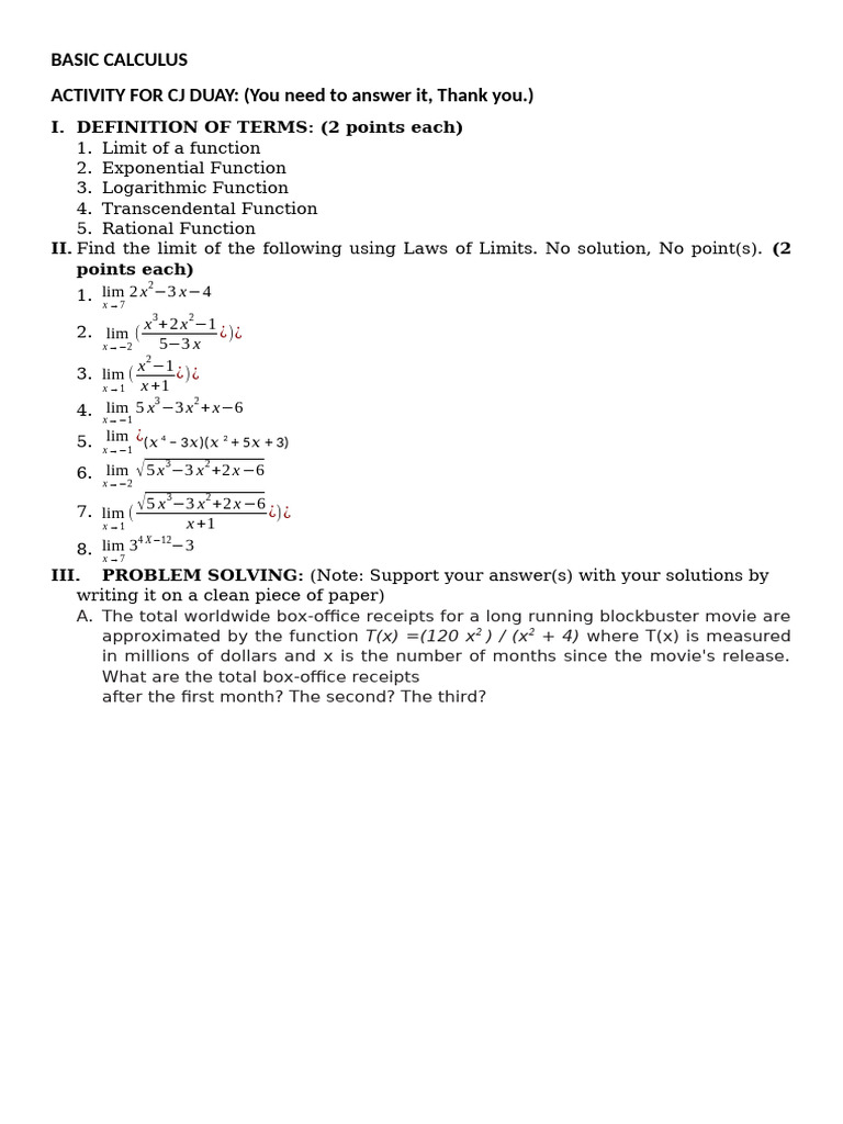 Basic Calculus Activity | PDF