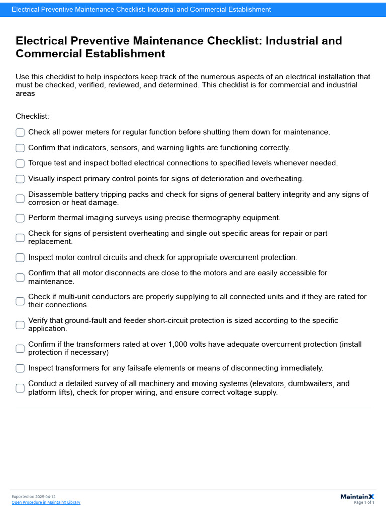 Electrical Maintenance Checklist for Industry | PDF