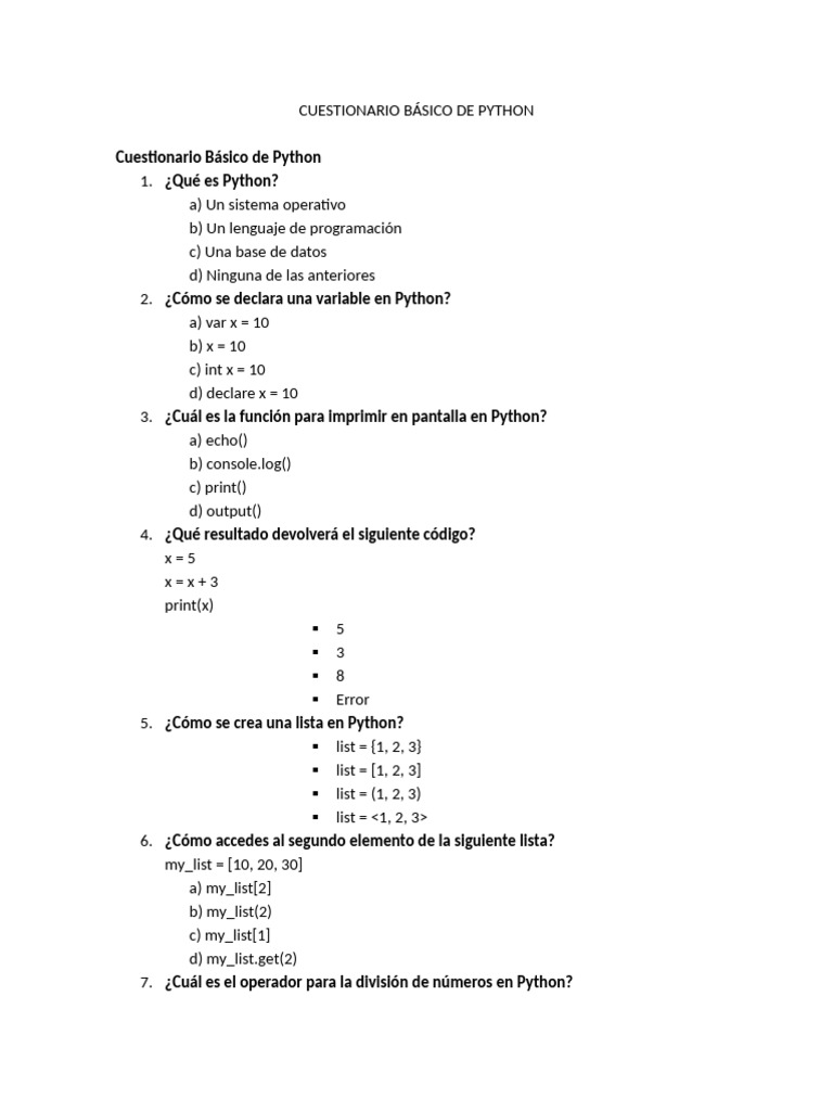 Cuestionario Básico de Python | PDF | Python (lenguaje de programación) | Lógica matemática