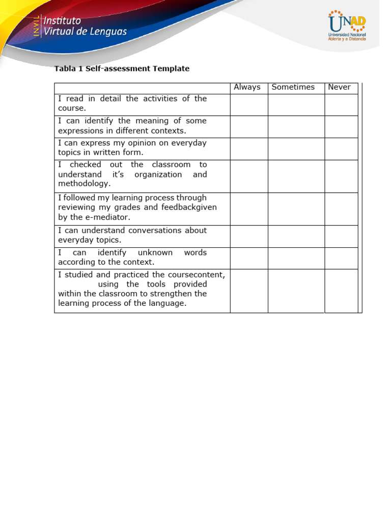 Self Assessment Template | PDF