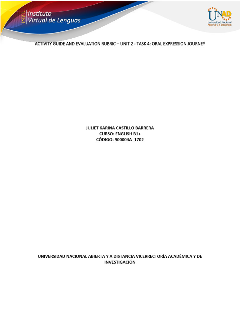 Unit 3 - Task 4 - Oral Expression Journey - Evaluation Rubric and ...