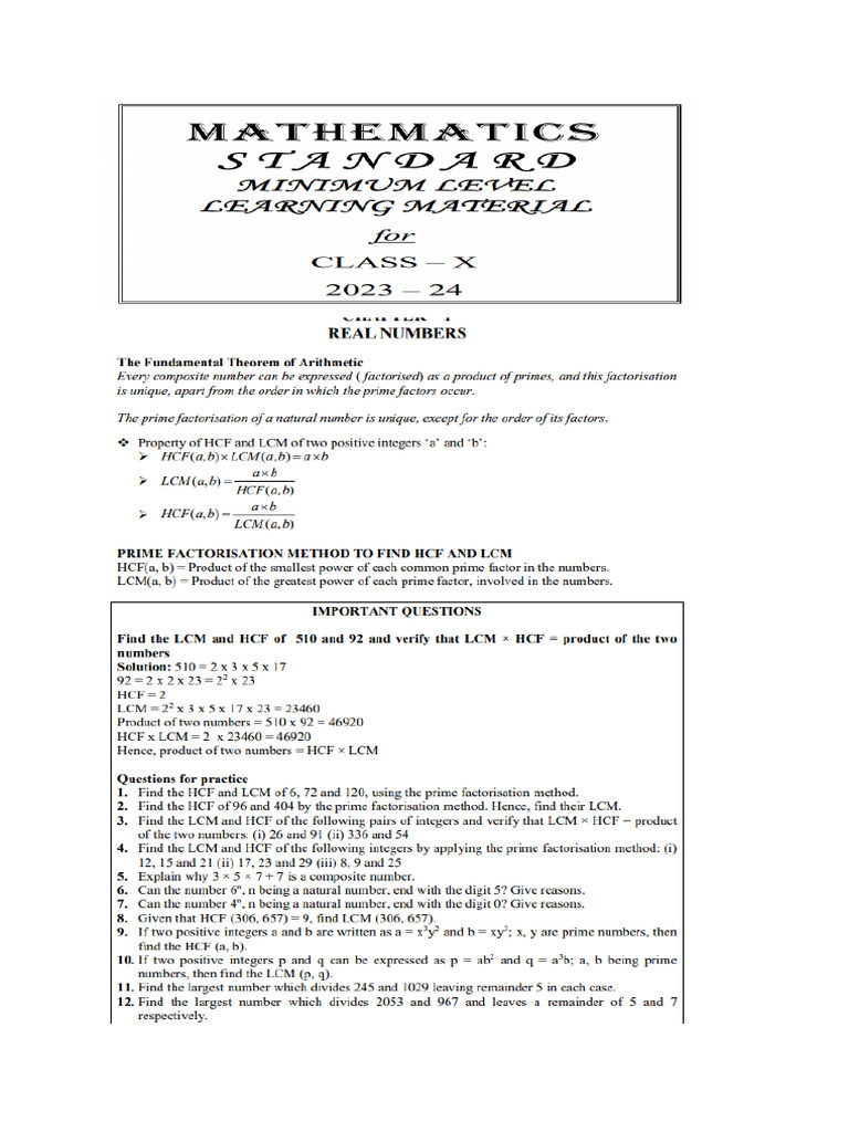Class X - Standard Math - Revision Shhet | PDF