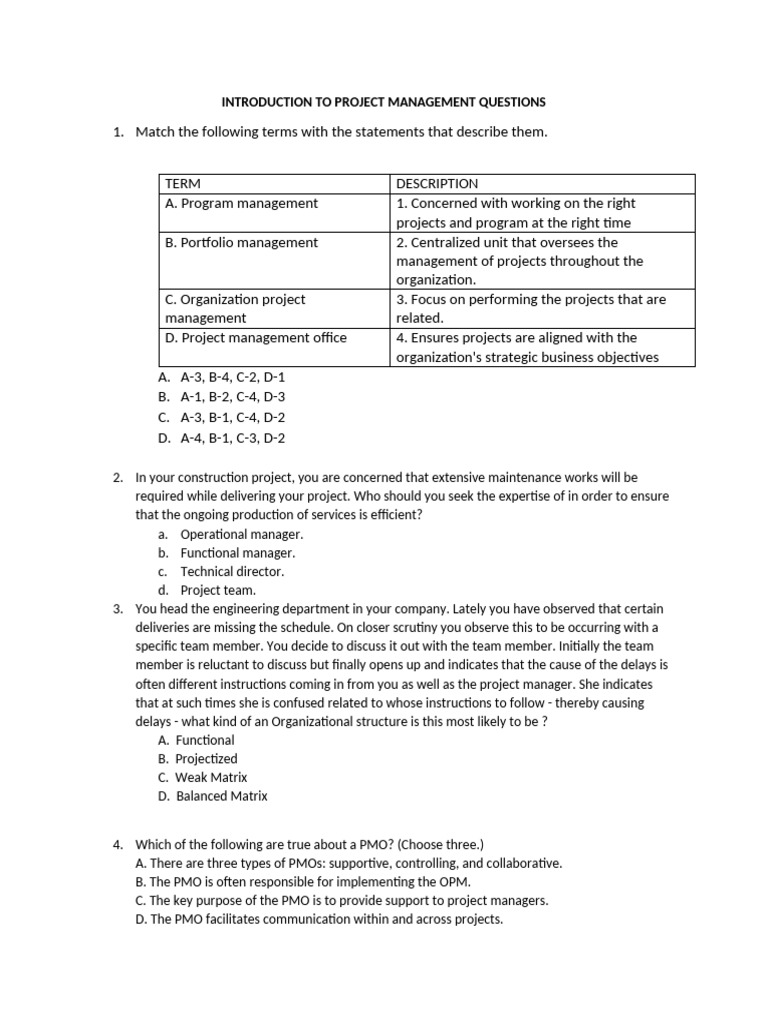 Introduction To Project Management Questions.. | PDF | Project ...