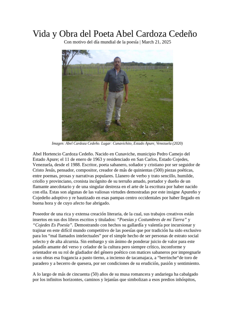 Vida y Obra Del Poeta Abel Cardoza Cedeño | PDF | Poesía