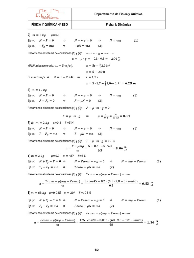 Ficha 1 Dinámica SOL | PDF | Física | Mecánica
