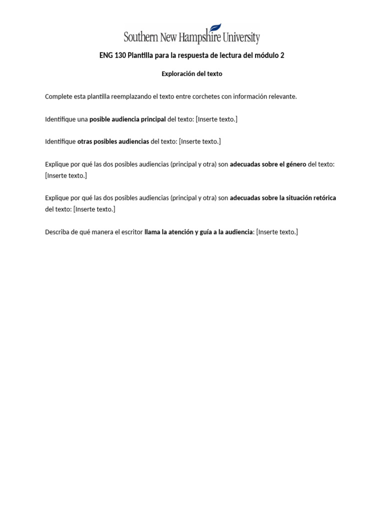 ENG 130 Module Two Reading Response Template (Es-MX) | PDF