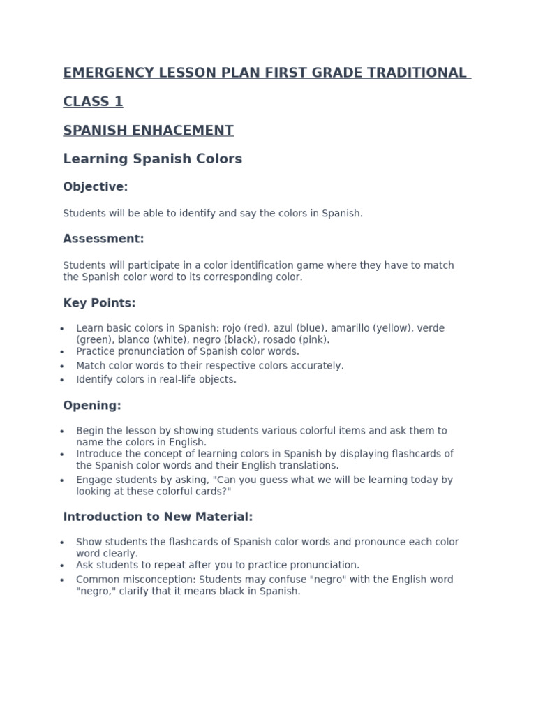 Emergency Lesson Plan First Grade Traditional | PDF | Spanish Language ...