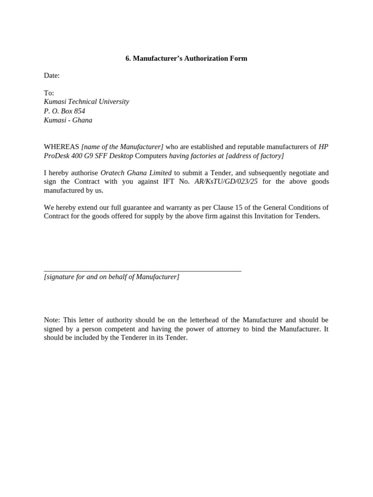 Manufacturers Authorisation Form | PDF