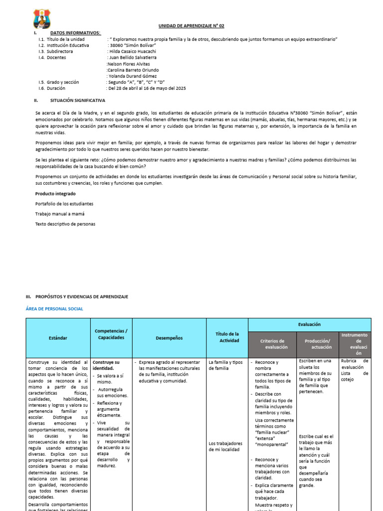 Unidad de Aprendizaje 03 2º Prim 2025 | PDF | Evaluación | Sustracción