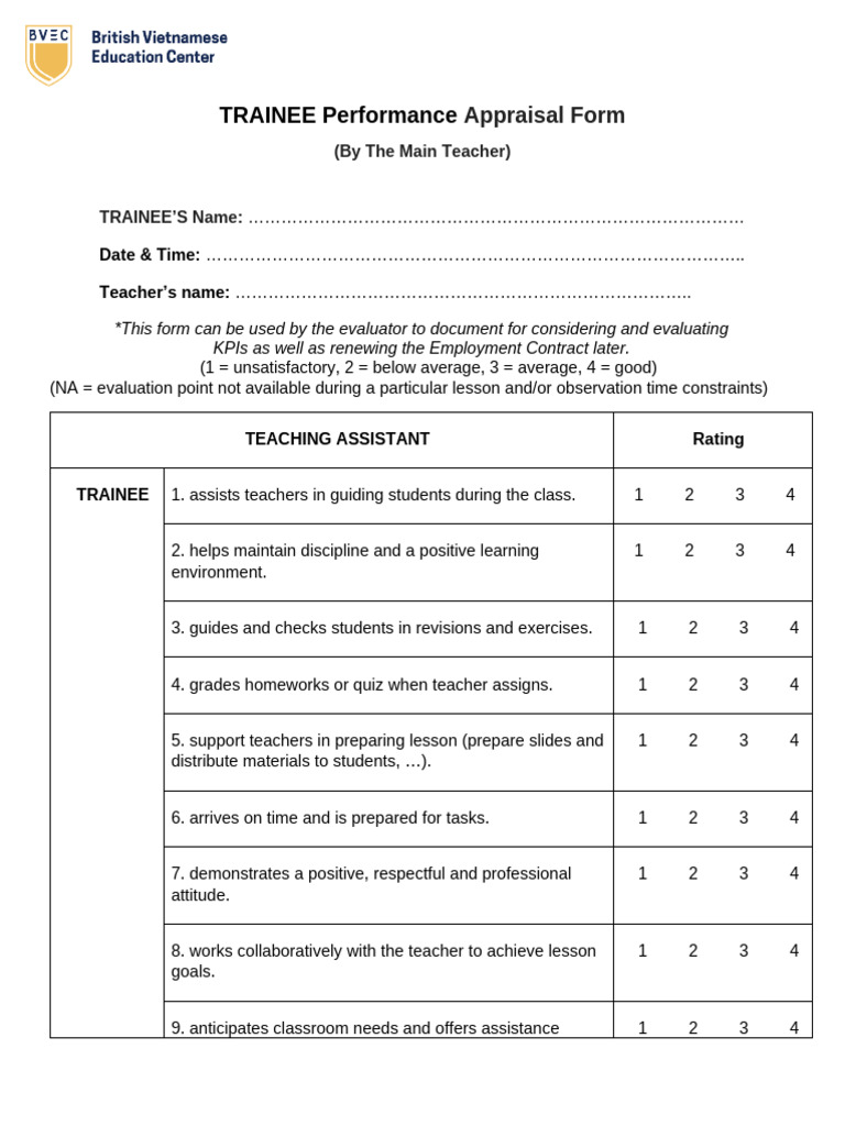 (BVEC) TRAINEE Performance Appraisal Form | PDF | Teachers ...