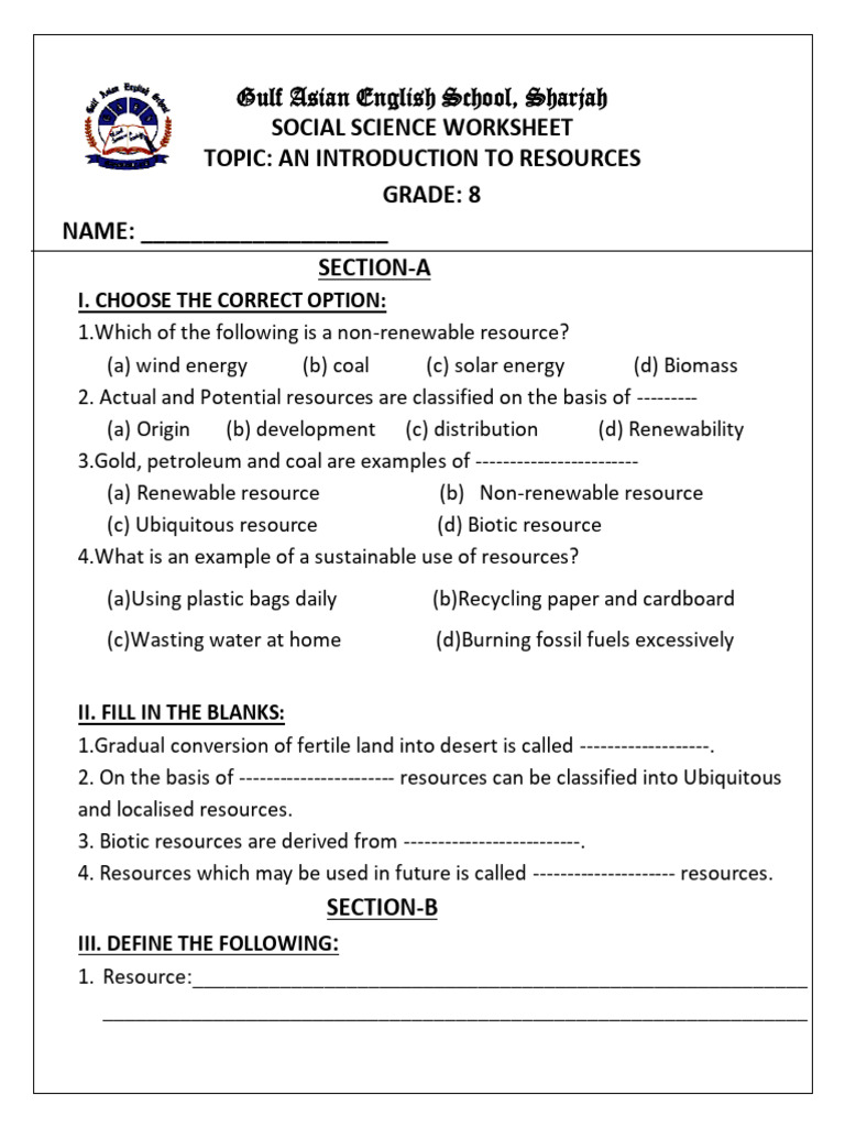 An Introduction To Resources-Worksheet | PDF | Environment | Nature
