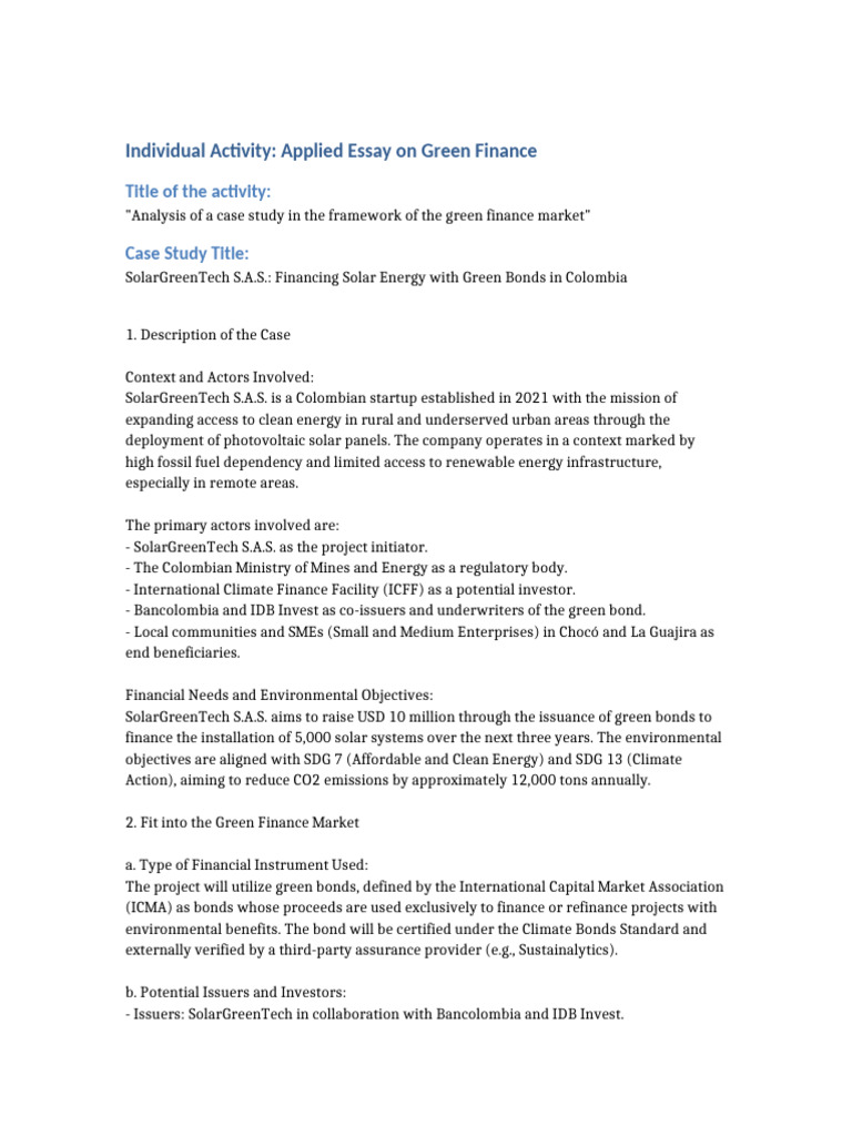 Green Finance Essay SolarGreenTech | PDF | Bonds (Finance) | Economies