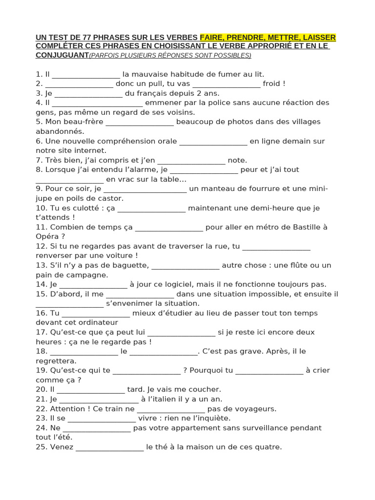 Test de conjugaison des verbes français | PDF | Échecs