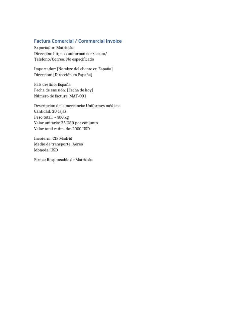 Factura Comercial de Uniformes Médicos | PDF